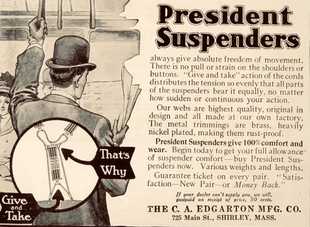 PRESIDENT SUSPENDERS ADVERTISEMENT 1908 Man on Bus Read News Antique ...