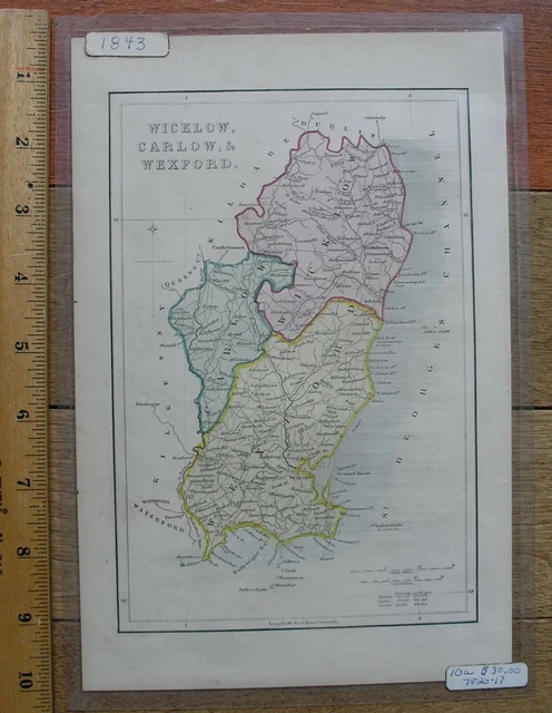 ANTIQUE WICKLOW, CARLOW & WEXFORD County Map Ireland 1843 Original £7. ...