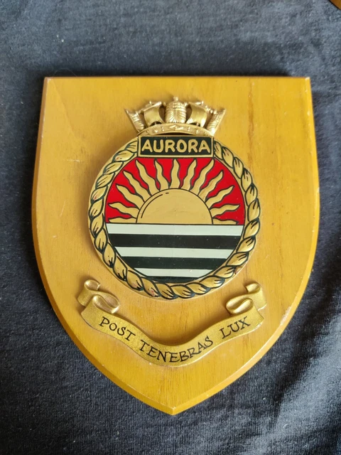 VINTAGE WOODEN ROYAL Navy HMS Aurora Plaque Shield Crest £40.00 ...