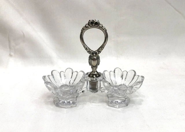 SALERON DOUBLE EN cristal Poignée en métal argenté Sel Poivre Table ...