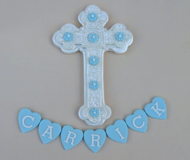 EDIBLE LARGE CROSS & blue flower Personalised Holy Communion Baptism ...