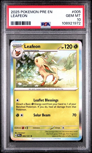 2025 POKEMON PRE En Prismatic Evolutions Leafeon #005/131 PSA 10 GEM ...
