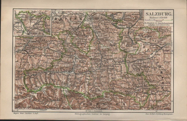 LANDKARTE MAP 1897: Stadtplan city map SALZBURG - Stadt. Massstab: 1 : ...