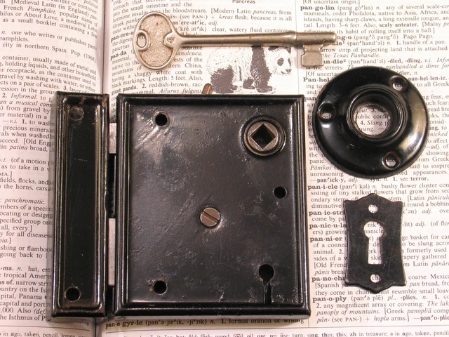 NOS VICTORIAN DOOR Rim Lock Set w Skeleton Key - Pressed Tin Antique ...