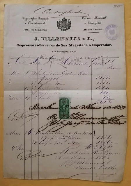 BRAZIL FRANCE PRINTER typographer invoice - french consulate 1873 Rio ...