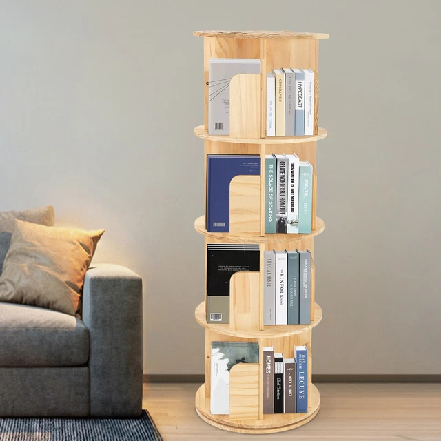 BOOKSHELF ROTATING 4 Tier 360 Display Floor Stand Storage Wood Bookcase ...