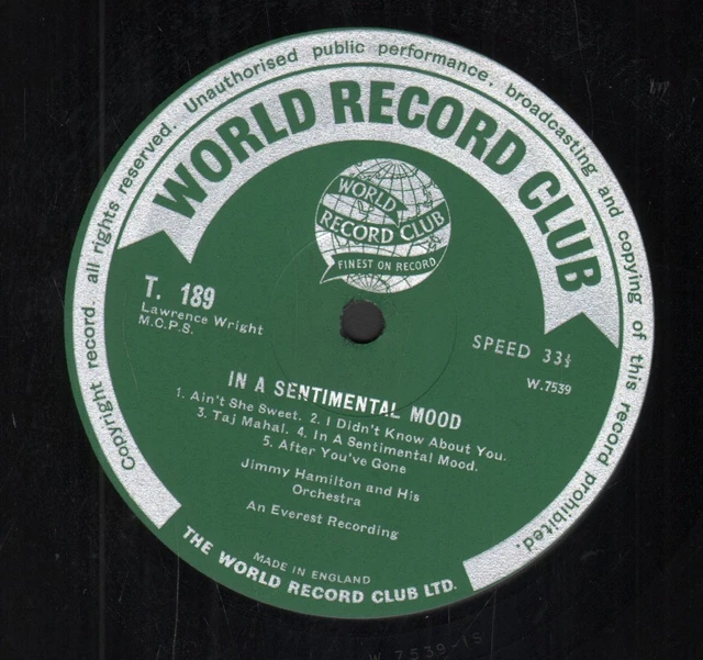 JIMMY HAMILTON IN A Sentimental Mood LP vinyl UK World Record Club ...