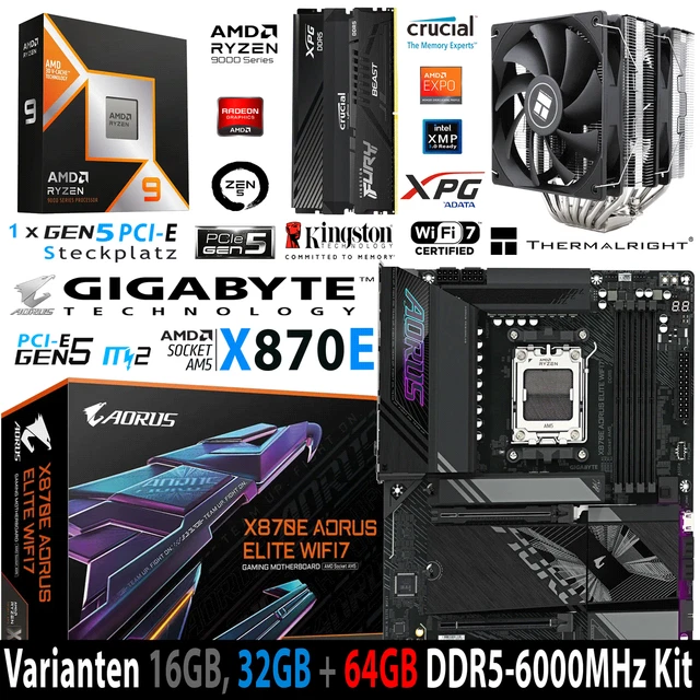 PC BUNDLE RYZEN 9 9950X3D Gigabyte X870E Aorus Elite Wifi7 mit 16, 32 ...