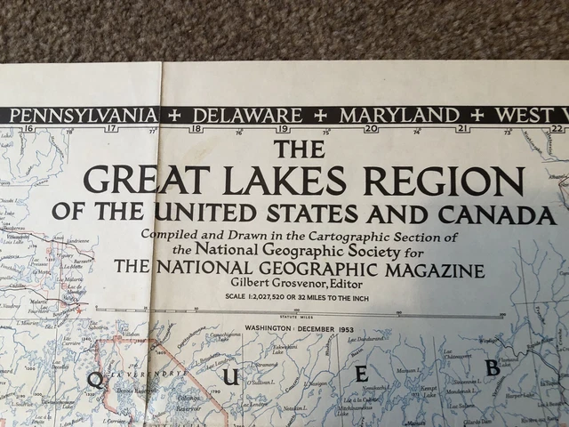 LARGE VINTAGE MAP Of The Great Lakes Region - National Geographic 1953 ...