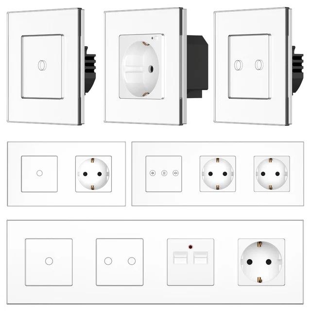 GLAS, STECKDOSE, TOUCH, Lichtschalter, Wechselschalter, Dimmer, TV, USB ...