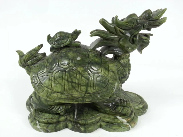 VINTAGE HEAVY CARVED Green Stone Turtle Dragon Feng Shui Good Luck in ...