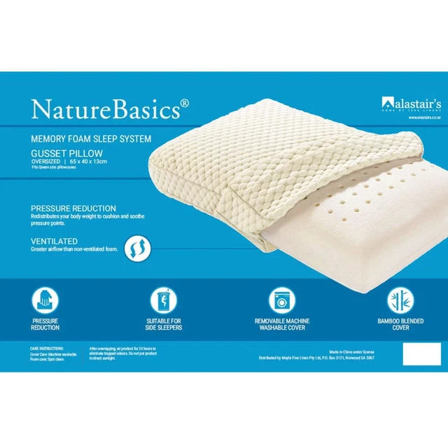 ALASTAIRS MEMORY FOAM Gusset Pillow 65x40x13cm Ventilated Bamboo Blend ...