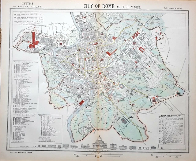 1882 LETTS CARTE Ville De Rome Plan Eglises Moderne & Ruines Basilique ...