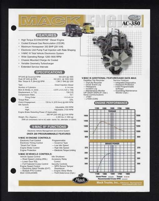 MACK TRUCKS AC-350 Engines Specifications Brochure 2002 $27.50 ...