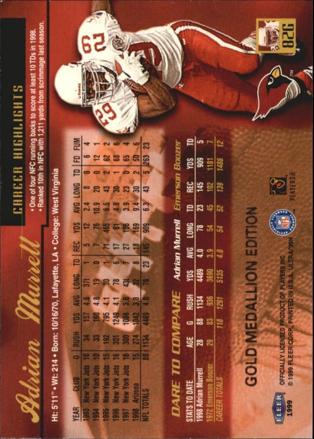 CARTE DE FOOTBALL 1999 Ultra Gold Medallion Arizona Cardinals #82 ...