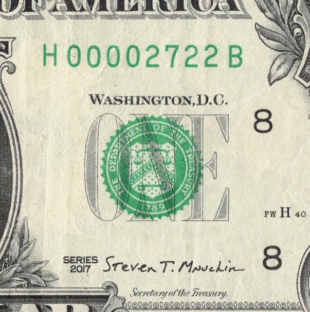 LOW SERIAL NUMBER Fancy Serial Number One Dollar Bill H00002722B ...