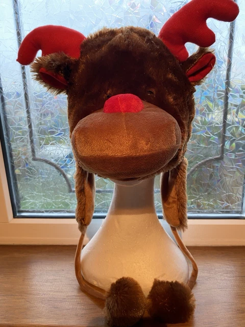 RUDOLF THE RED Nose Reindeer Christmas Hat Ear Flaps Fit head 55cm £9. ...