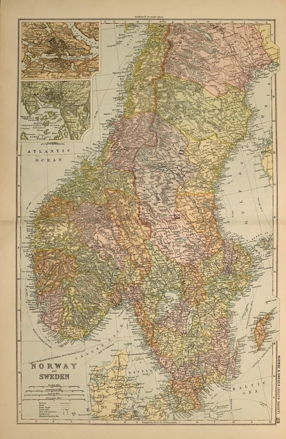 1898 ANTIK LANDKARTE Norwegen & Schweden Stockholm Christiana Gottland ...