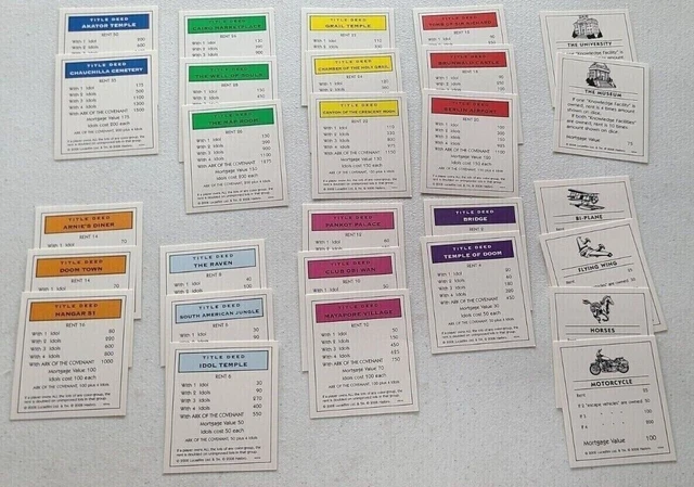 INDIANA JONES MONOPOLY PROPERTY TITLE DEED CARDS all 28 Game ...