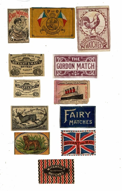 12 OLD BRITISH c early 1900s Matchbox labels (panels) Baby Matches, P ...