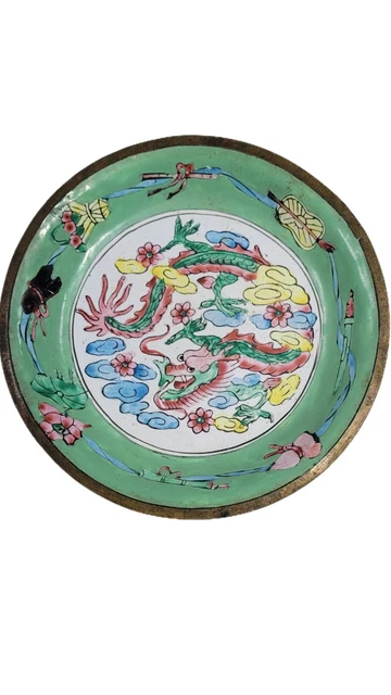 ANTIQUE DRAGON CHINESE Famille Verte Rose Canton Trivet Plate Cloisonne ...