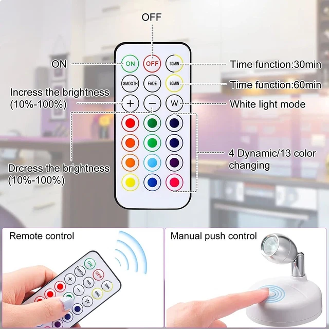 LED WIRELESS RGB Spotlight Battery Operated Downlight Wall Mounted Spot ...
