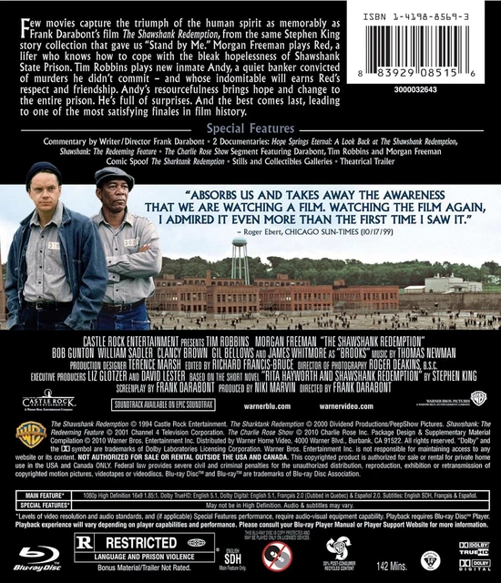 THE SHAWSHANK REDEMPTION (Blu-ray) Tim Robbins Morgan Freeman Bob ...