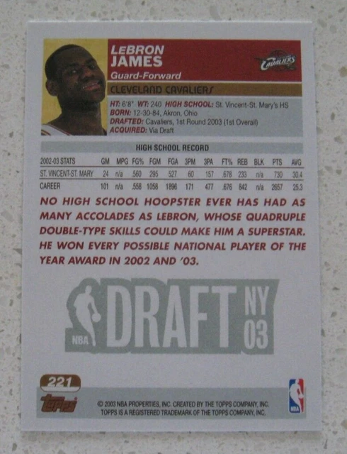 LEBRON JAMES 2003-04 Topps #221 RC Draft Pick #1 basketball cards ...