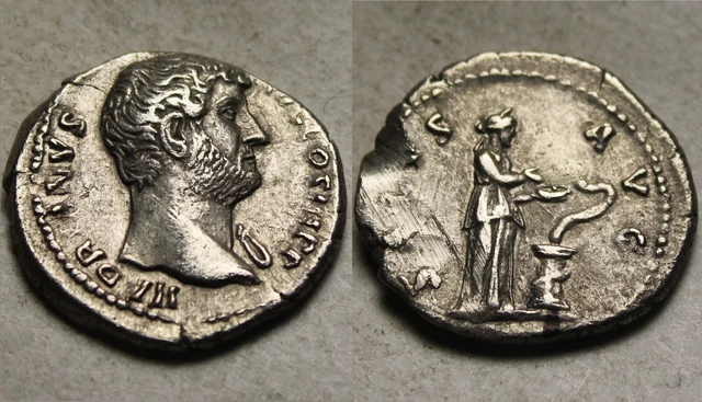 RARE GENUINE ANCIENT Roman silver coin denarius Hadrian 117 Salus altar ...