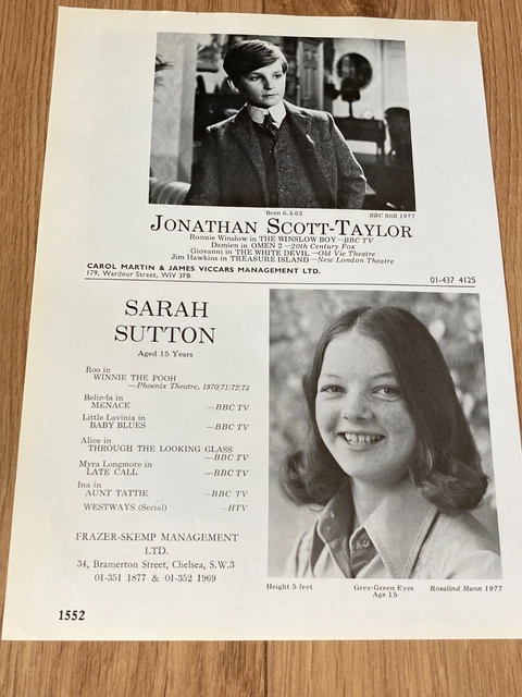 JONATHAN SCOTT-TAYLOR & Sarah Sutton 1977 acting z-page. Damien The ...