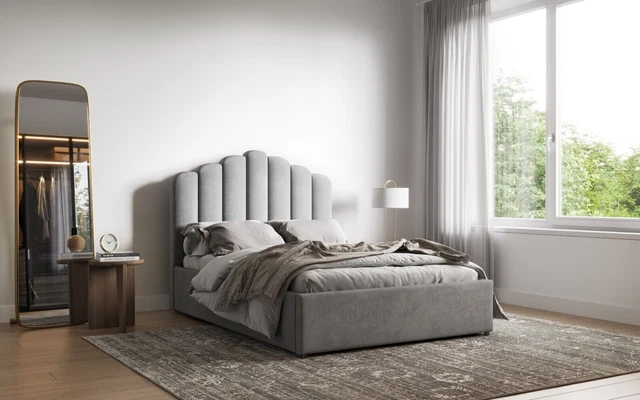 POSEIDON SHELL STYLE Ottoman Velvet Fabric Bed Frame - Grey or Navy ...