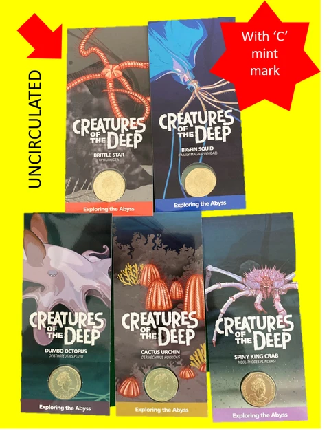 2023 UNCIRCULATED CREATURES of the Deep set of FIVE $1 coin with C Mint ...