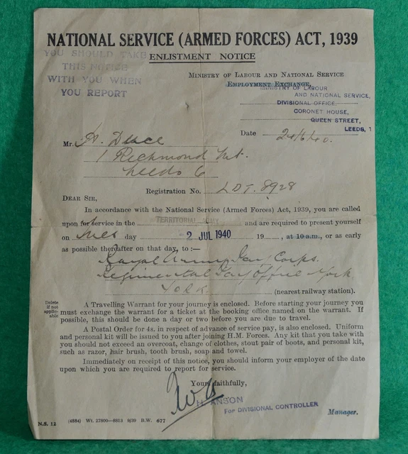 WW2 ENLISTMENT NOTICE call up paper Armed Forces 1939 National Service ...