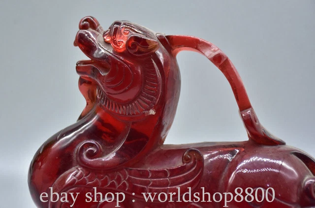 9.6& OLD CHINESE Red Amber Carving Dragon Pixiu Unicorn Beast Statue ...