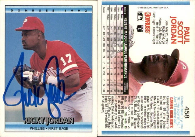 CARTE RICKY JORDAN signée 1992 Donruss #458 Philadelphie Phillies Auto ...