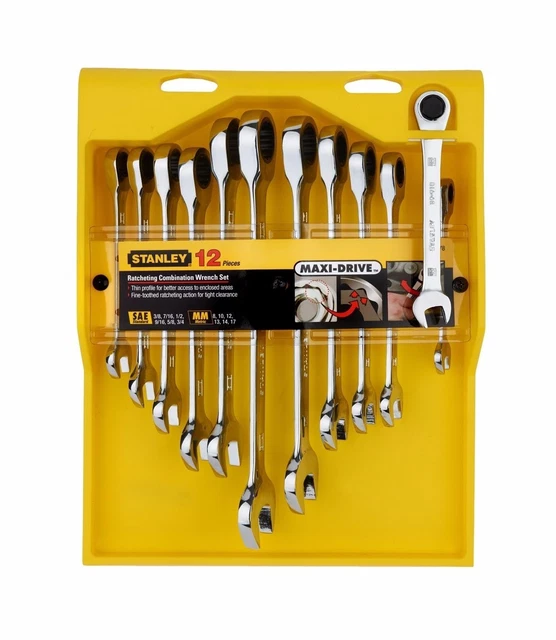STANLEY RATCHETING COMBINATION WRENCH SET AF & Metric Spanners, 12pcs ...