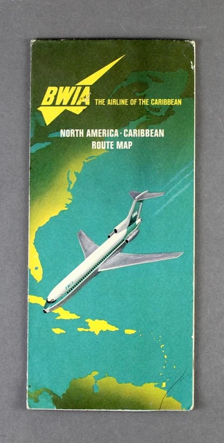 BWIA BRITISH WEST Indian Airways Airline Route Map Brochure Boeing 727 ...