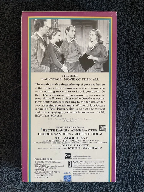 ALL ABOUT EVE VHS (CBS/FOX, 1988) Darryl F. Zanuck ~ Bette Davis ~ Anne ...