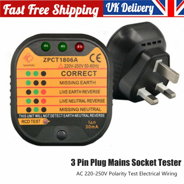 UK MAINS SOCKET Tester 220V-250V Polarity Test 3 Pin Plug Electrical ...