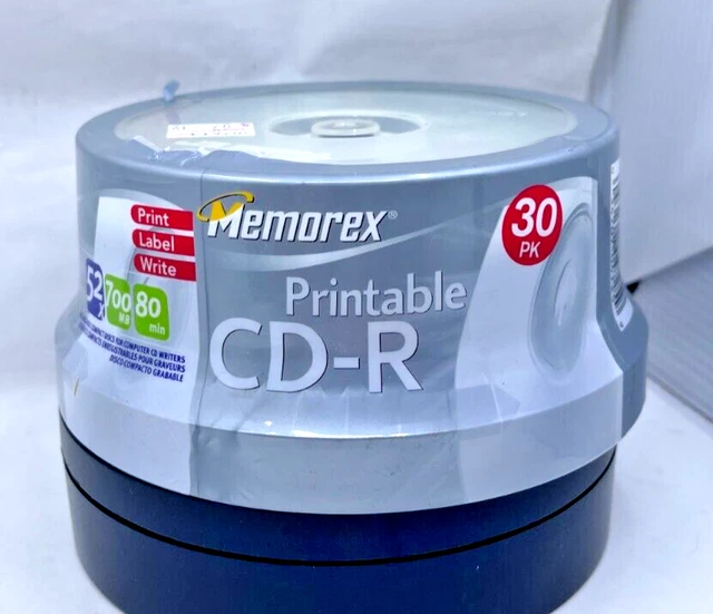 MEMOREX RECORDABLE PRINTABLE CD-R 52x 700MB 80-Minute 30 Pack New $10. ...