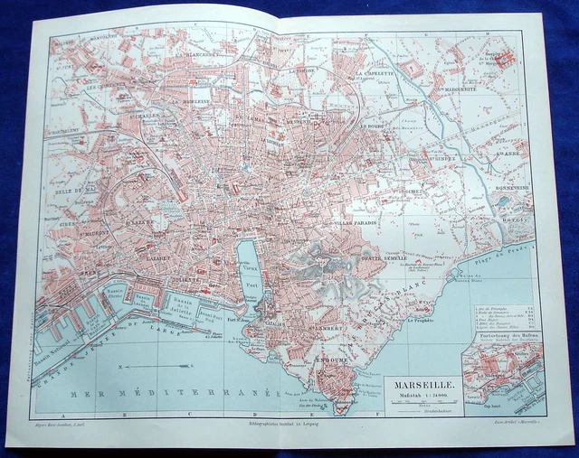 MARSIGLIA MAPPA/PIANTA DELLA Città/Stadtplan um 1898 Mappa della Città ...
