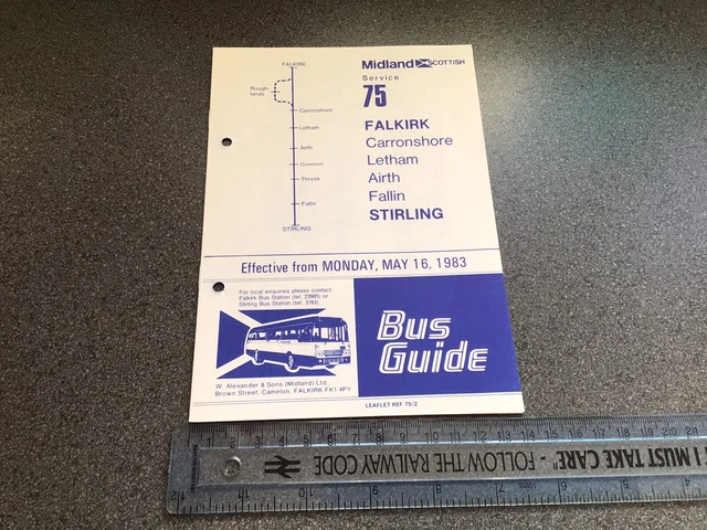 MIDLAND SCOTTISH BUS Group Route 75 Bus Timetable May 1983 Falkirk ...