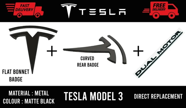 TESLA MODEL 3 Badges Direct Replacement Matte/Satin Black Inc Dual ...