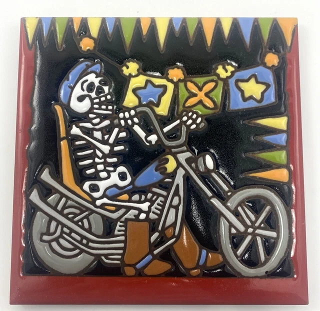 VINTAGE EARTHTONES MEXICO Tile Day Of The Dead Motorcycle Biker Decor 6 ...