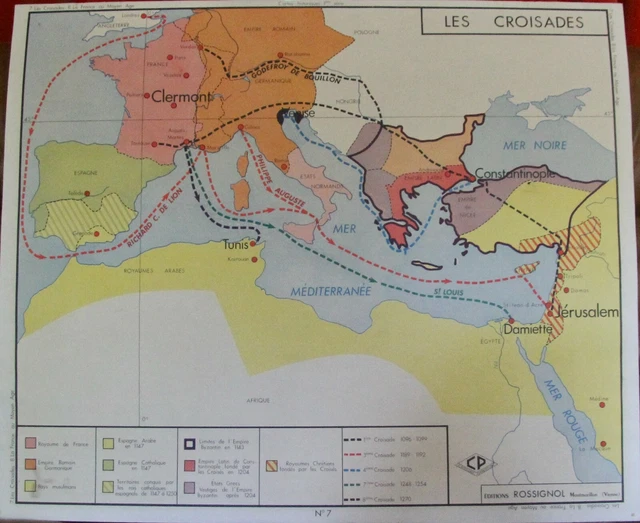 AFFICHE SCOLAIRE ROSSIGNOL carte historique n°7 les croisades n°8 le ...