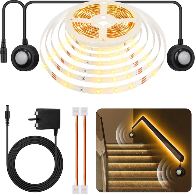 MOTION SENSOR LED Strip Light 5M Warm White under Bed Cabinet Stairs ...