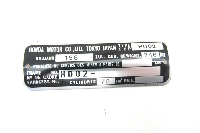 ORIGINAL ALU Rahmen Typenschild - Type Label Frame Honda MT 80S - HD02 ...
