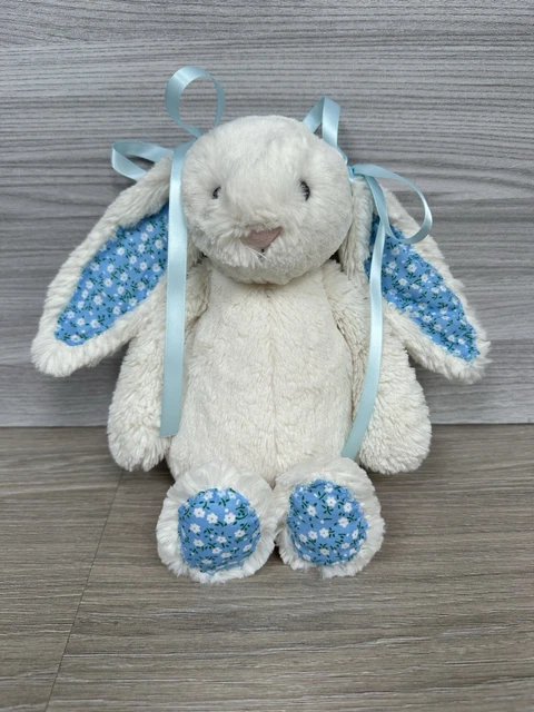 JELLYCAT MEDIUM CUSTOM Cream Blue Blossom Bunny With Floral Blue Print ...