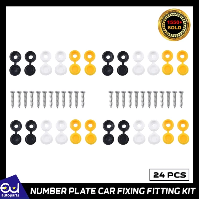 24 X NUMBER PLATE CAR FIXING FITTING KIT SCREWS & CAPS HINGED BLACK ...