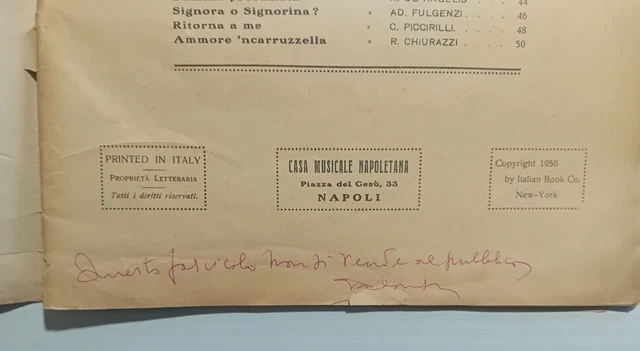 24 CANZONI CANTATE di Mario Cosentino Musica napoletana 1950 dedica ...